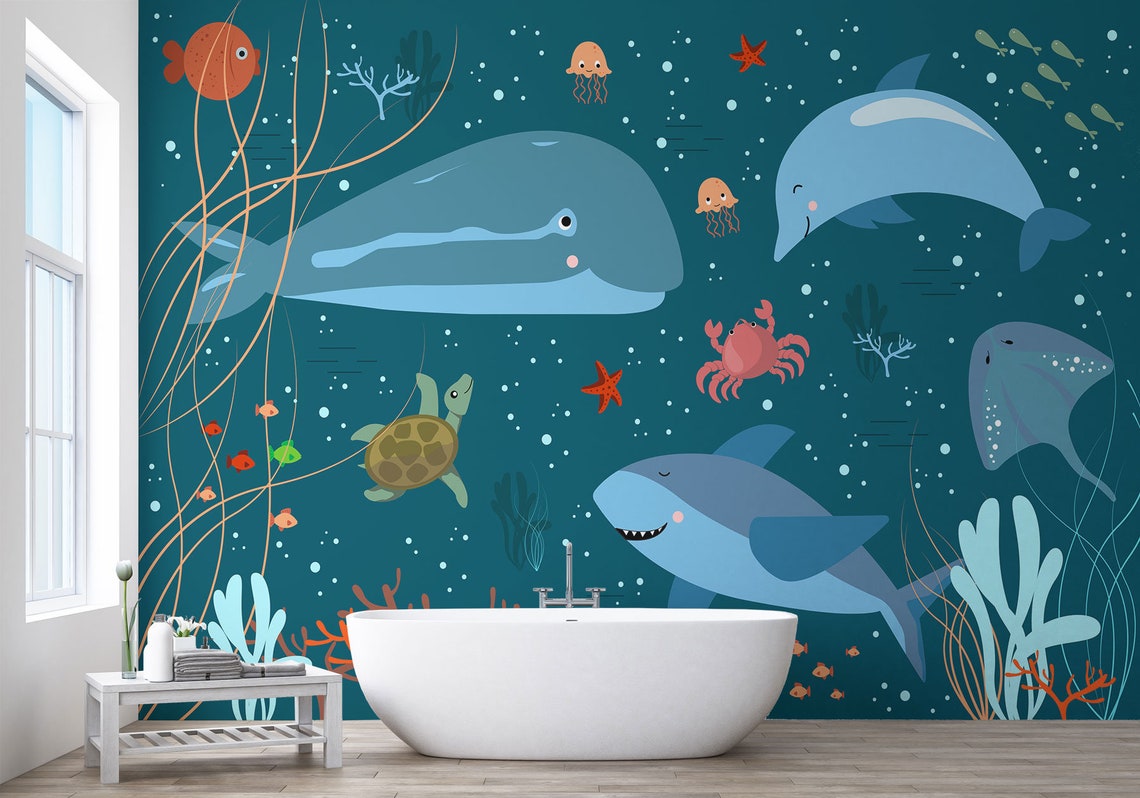 Underwater Seaworld With Cute Fish and Marine Life Wallpaper | Etsy