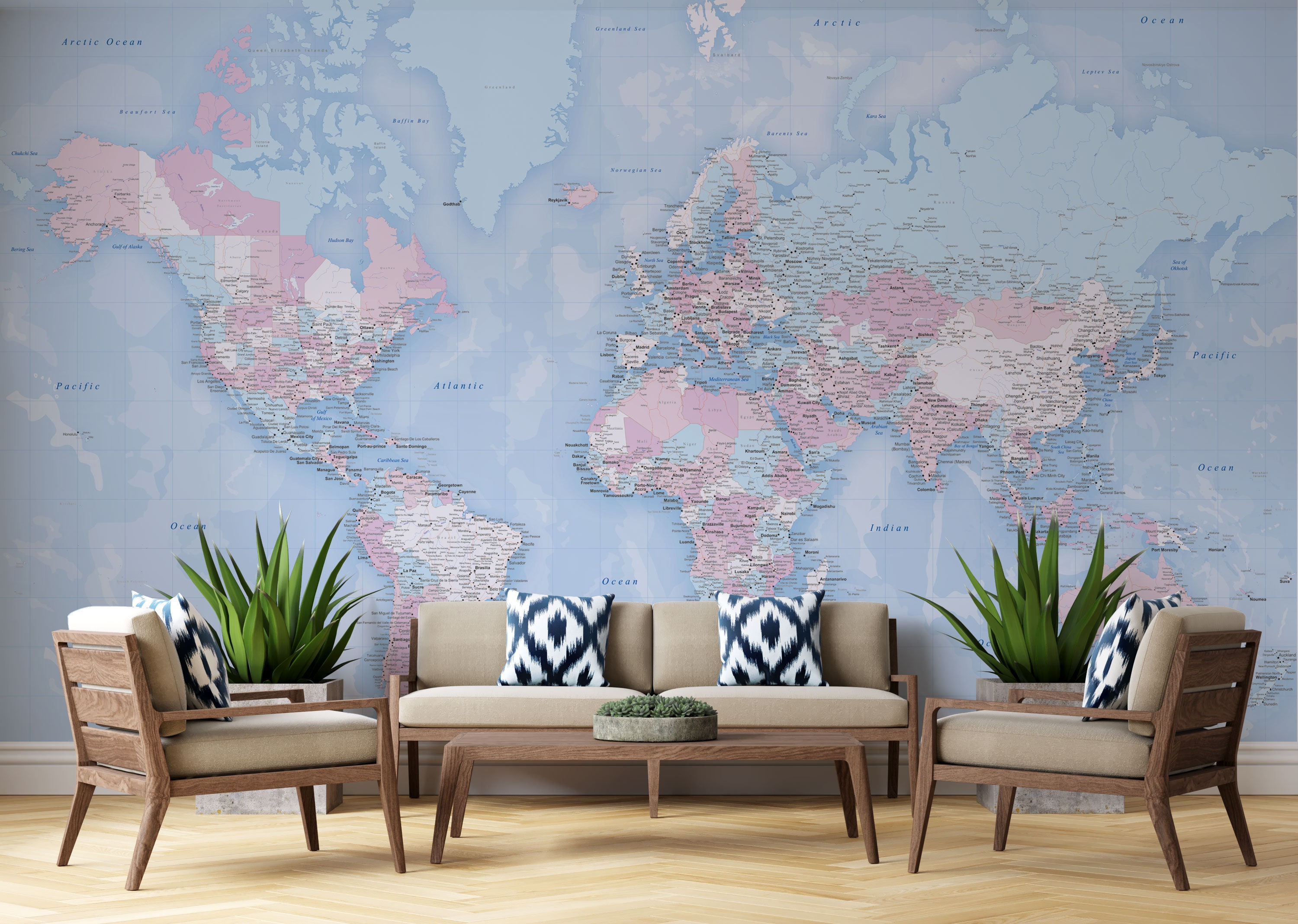 Detailed Light Color World Map Wallpaper Blue Political | Etsy UK