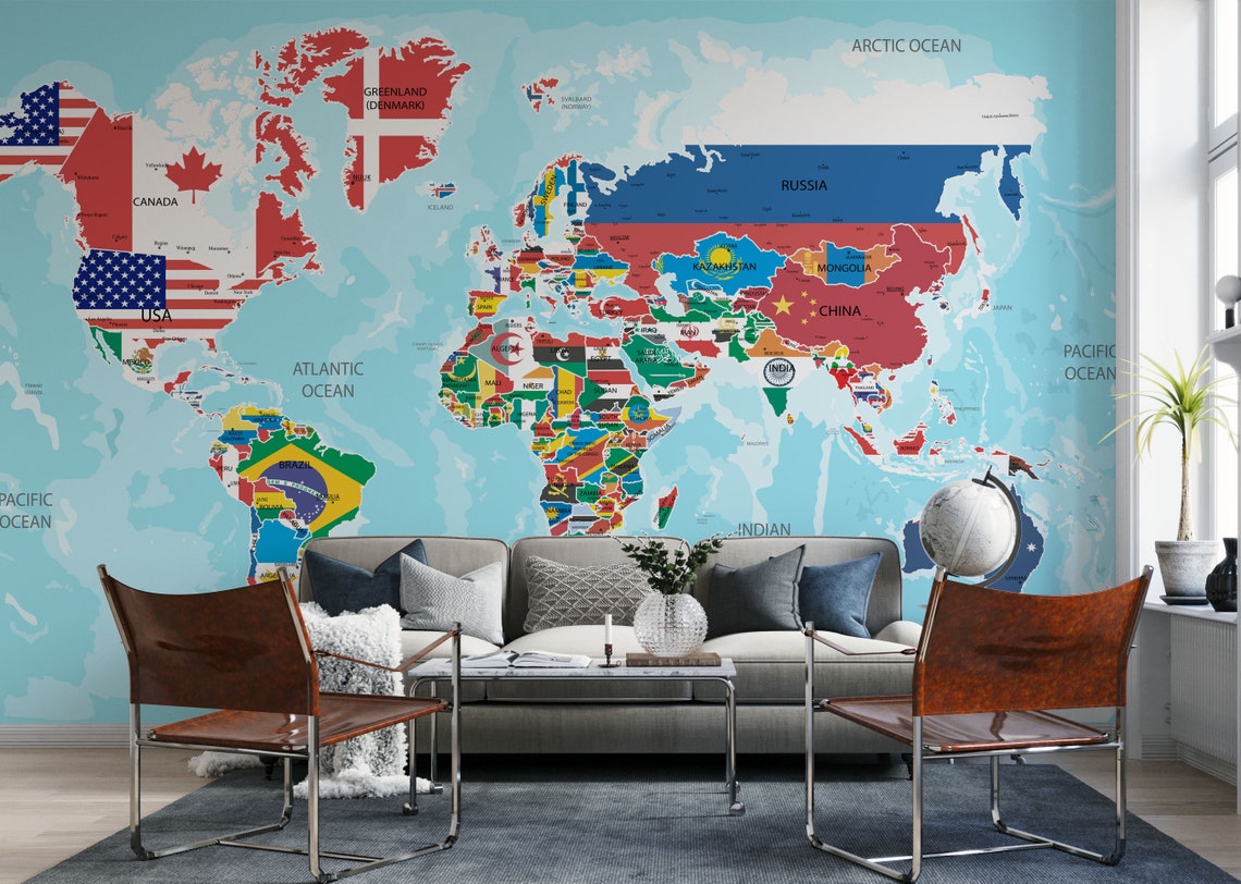 Worldmap Wallpaper World Map With Flag of Country Peel and - Etsy