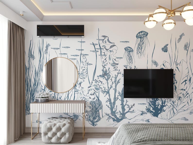 Blue Seabed Wallpaper: Non-woven Nautical Wall Art - Etsy