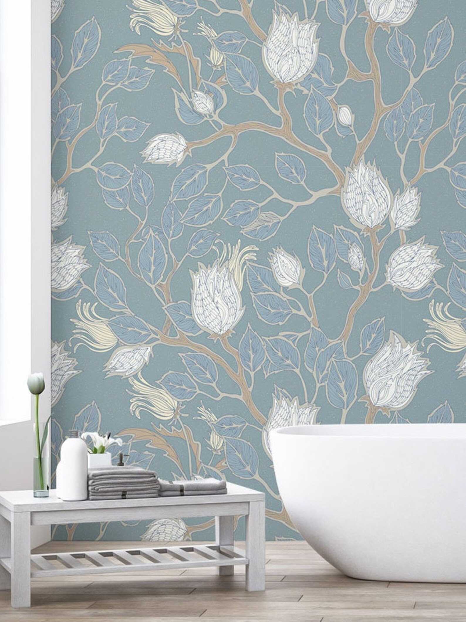Pale Turquoise Floral Pattern Wallpaper Peel and Stick - Etsy