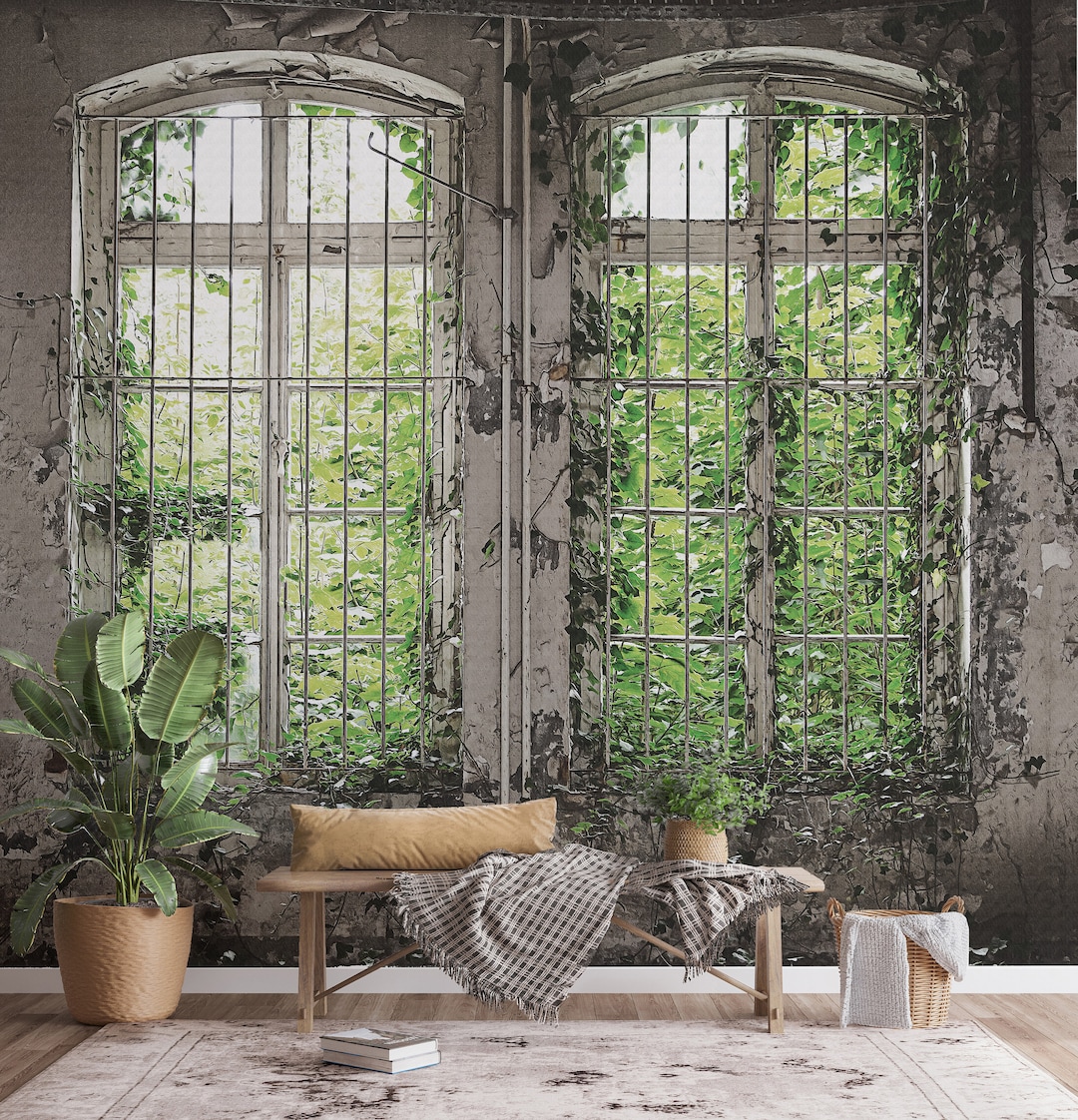 Vintage Nature View Window Mural Wallpaper - Rustic Old Window Scenic ...