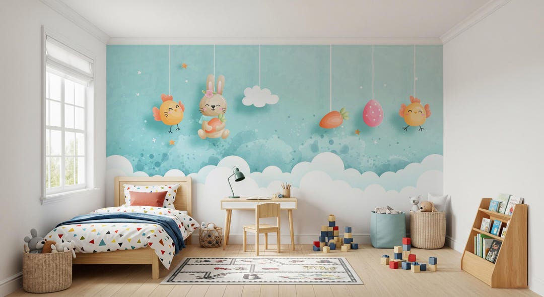 Kids Room Wallpaper: Bunny, Clouds, Peel and Stick - Etsy