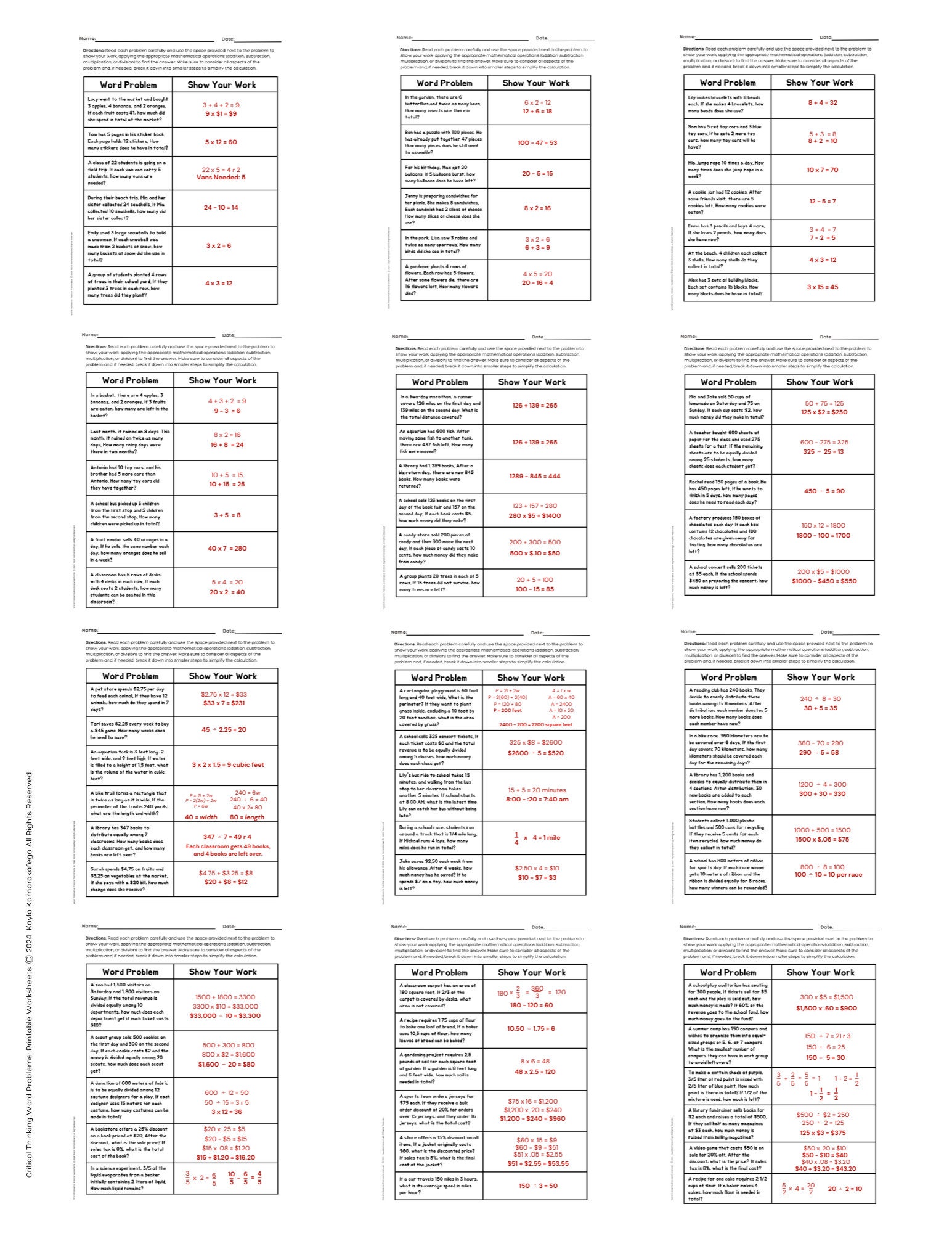 Grade 3 to Grade 5 Word Problems Printable PDF Download Common Core and ...