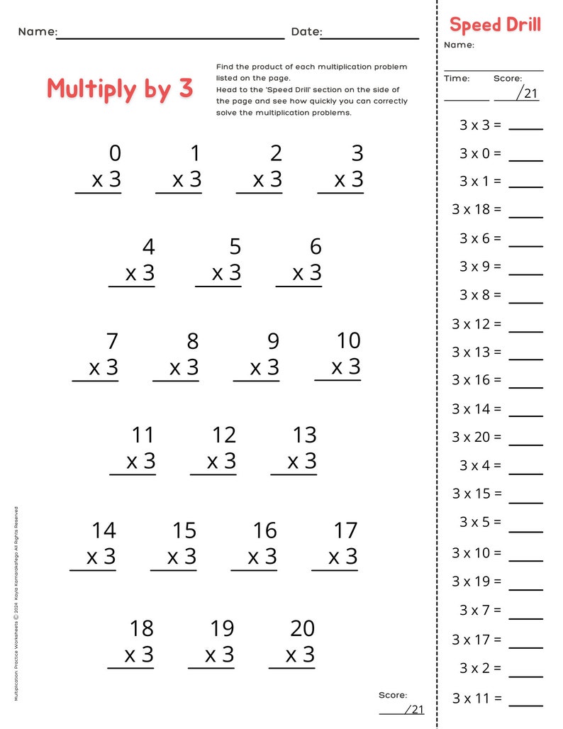 Multiplication Practice Worksheets | Digital PDF Download | Grade 3 ...