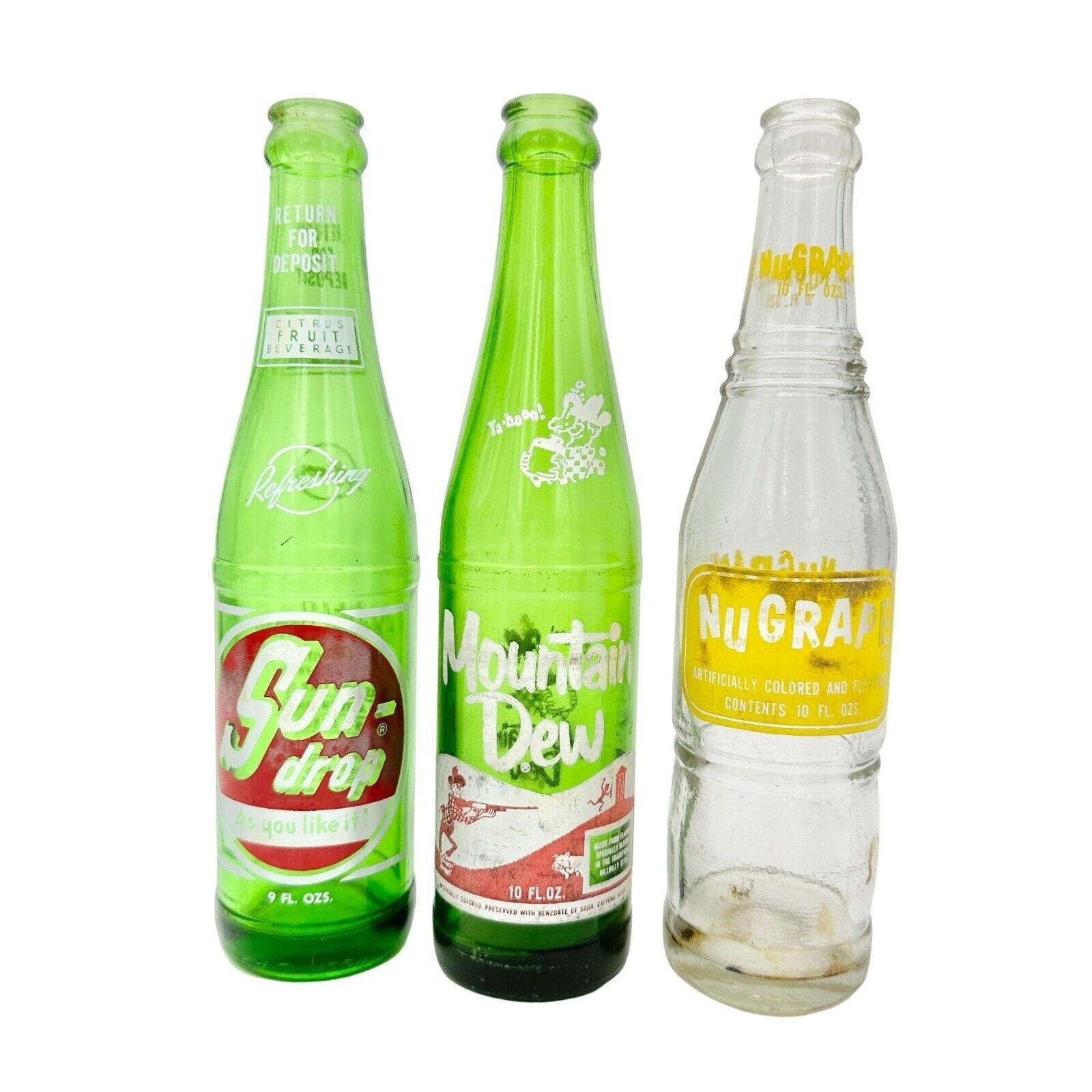 Set of 3 Vintage Empty Soda Pop Bottles 10 FL OZ Nugrape Mountain Dew ...