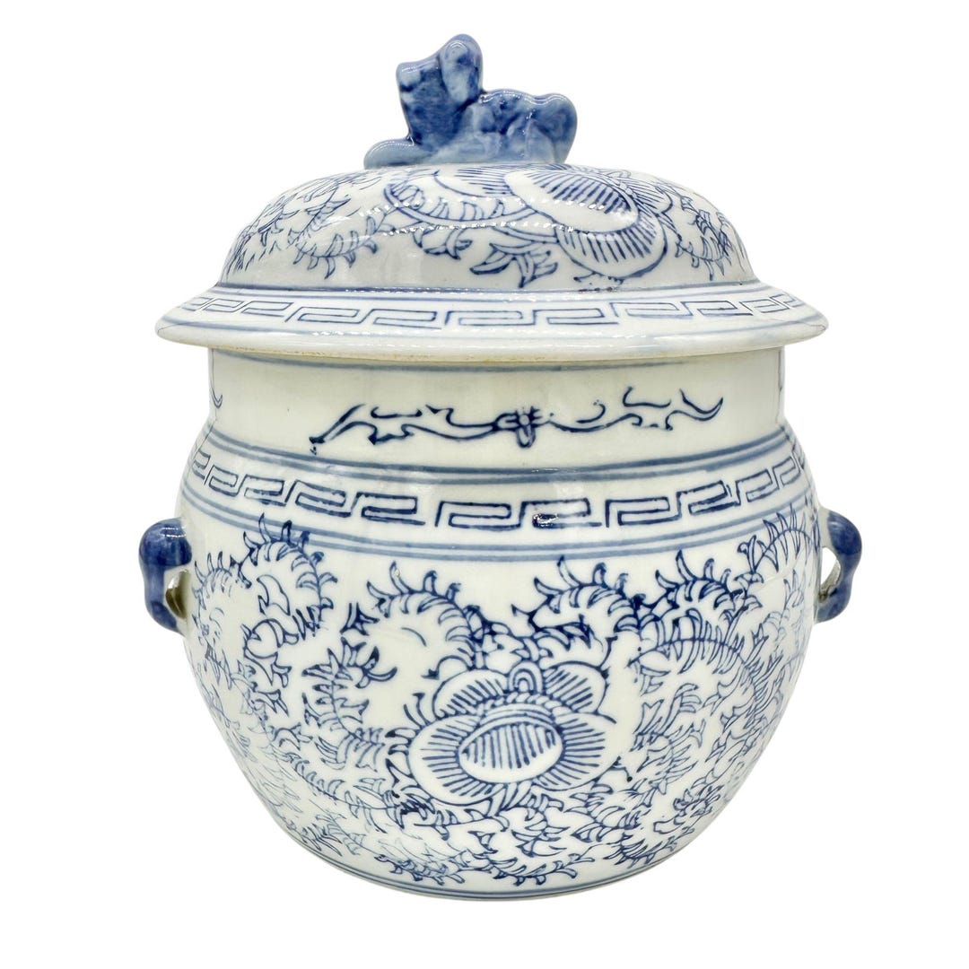 Vintage Ceramic Lidded Jar Blue White Floral Design and Animal Figurine ...