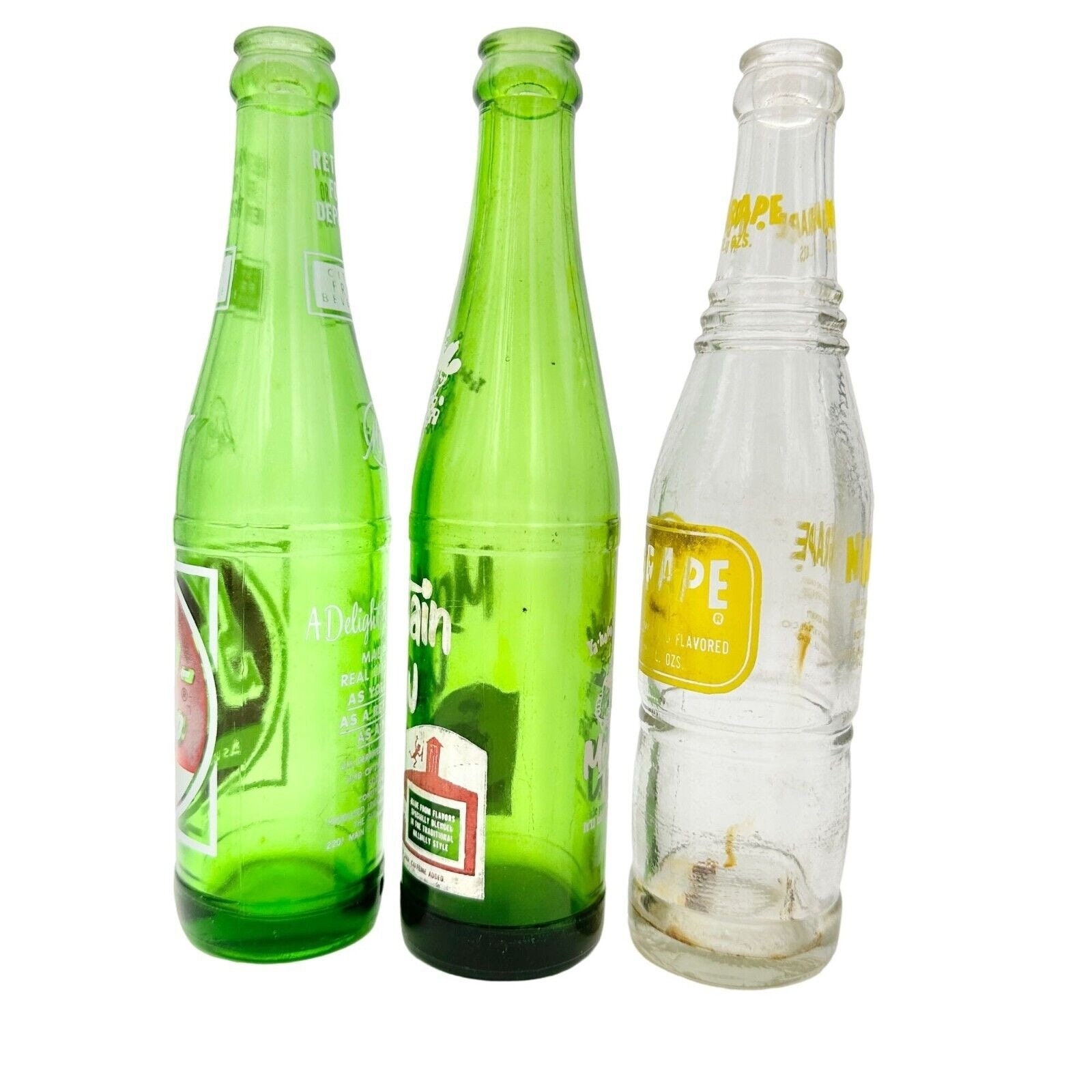Set of 3 Vintage Empty Soda Pop Bottles 10 FL OZ Nugrape Mountain Dew ...