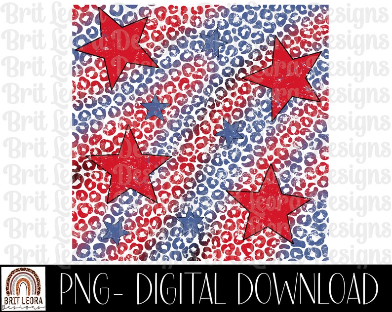 4th of July Red and Blue Leopard Star Digital Paper PNG, Leopard Fourth ...