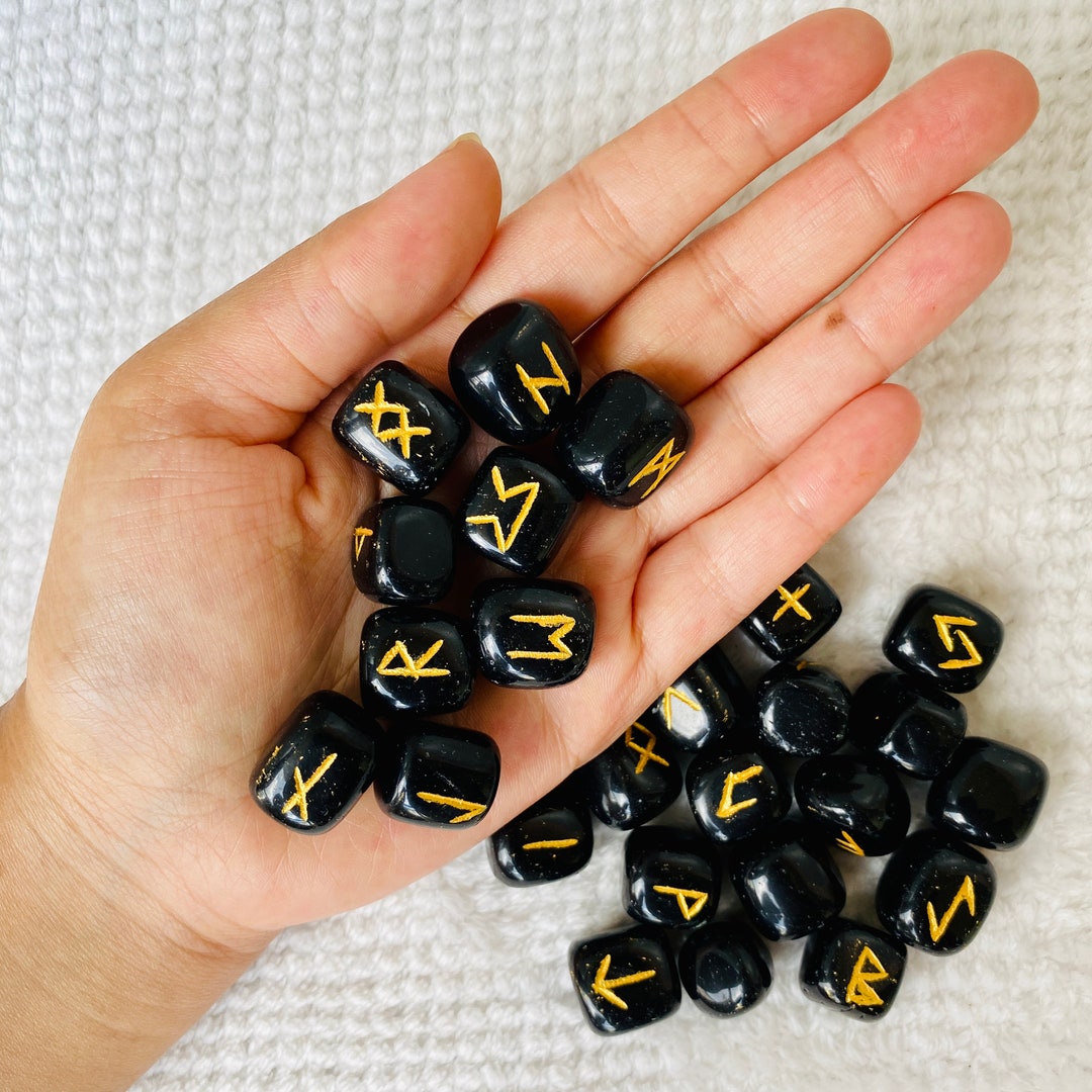 Black Obsidian Rune Sets, Healing Crystals 25 Pieces Engraved Tumbled ...