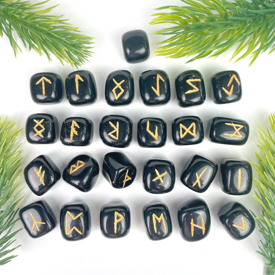 Black Obsidian Rune Sets, Healing Crystals 25 Pieces Engraved Tumbled ...