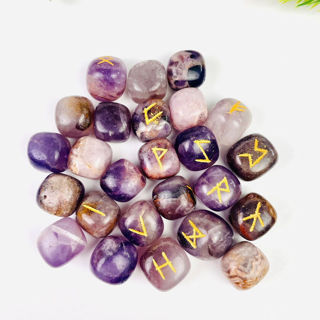 Amethyst Rune Sets, Amethyst Crystal Rune Stone Set With Velvet Pouch ...