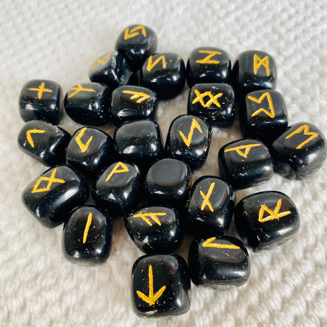 Black Obsidian Rune Sets, Healing Crystals 25 Pieces Engraved Tumbled ...