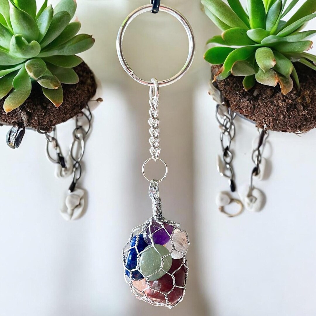 Handmade Seven Chakra Tumbled Stone Keychain | Healing Crystal Keyring ...