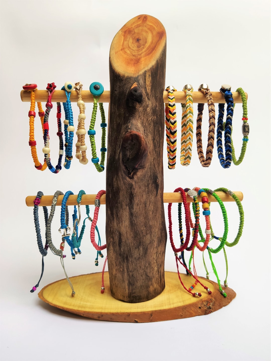 2-tier Raw Wood Bracelet Display – Handmade Jewelry Stand for Bracelets ...