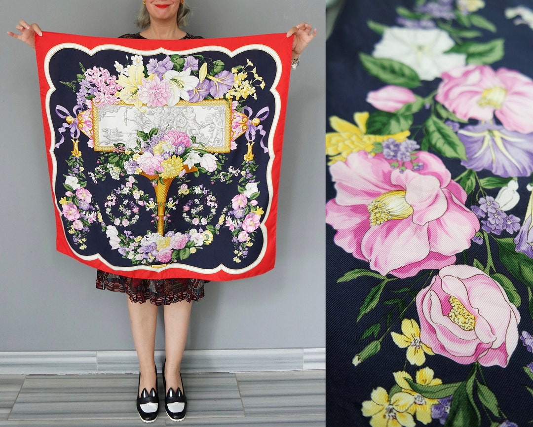 Vintage R DI RATTI Silk Floral Signed Rare Large Premium Quality Scarf ...