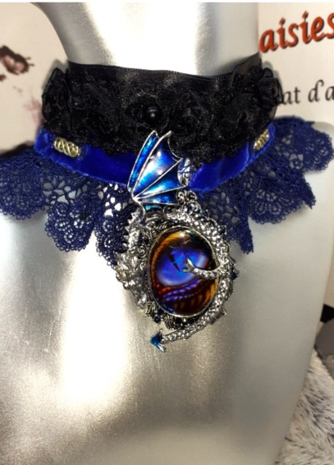 Blue and Black Lace Dragon Choker Necklace Hand-stitched Dragon Eye ...