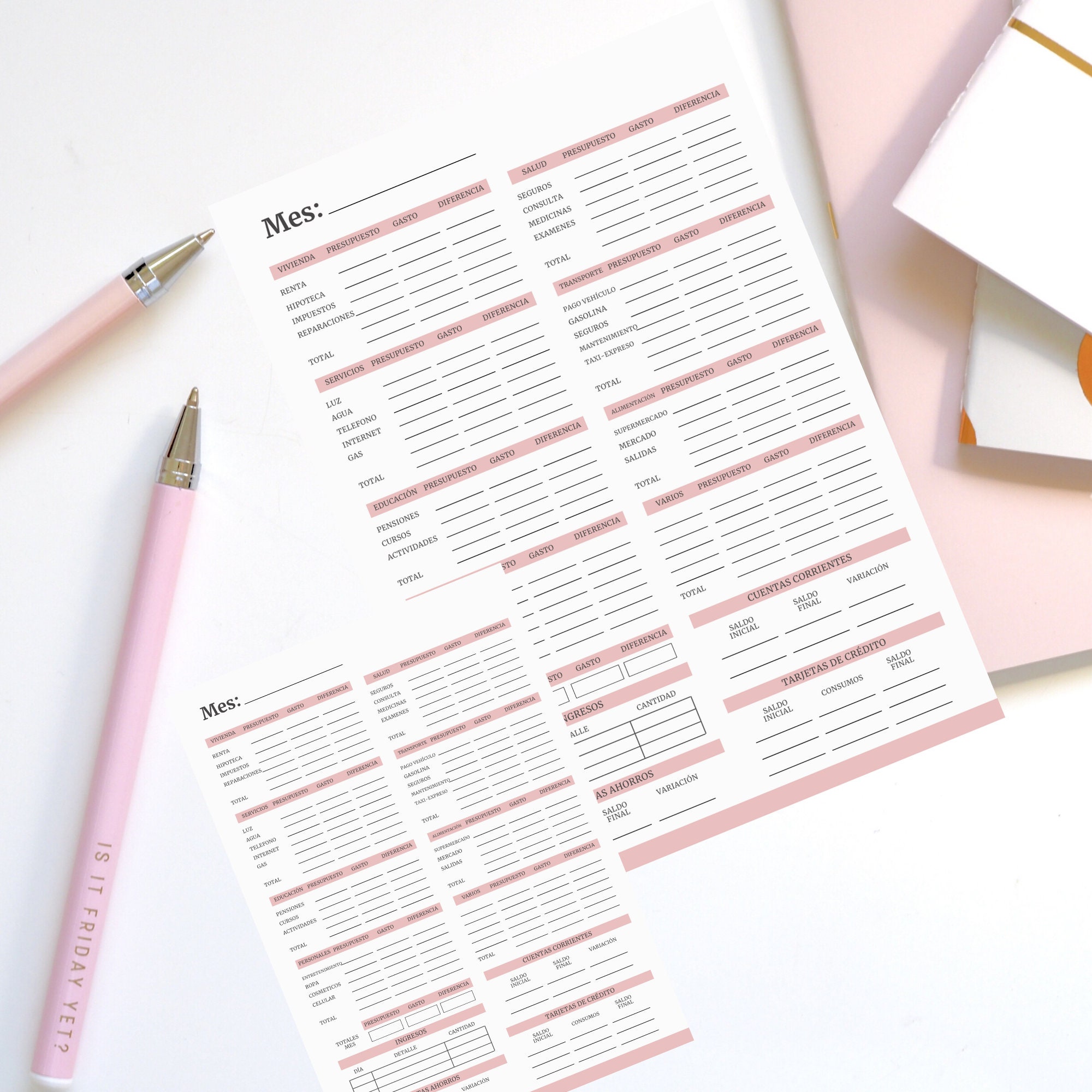 MONTHLY BUDGET PLANNER - English/spanish - A4/A5 - Rose/gray - Instant ...