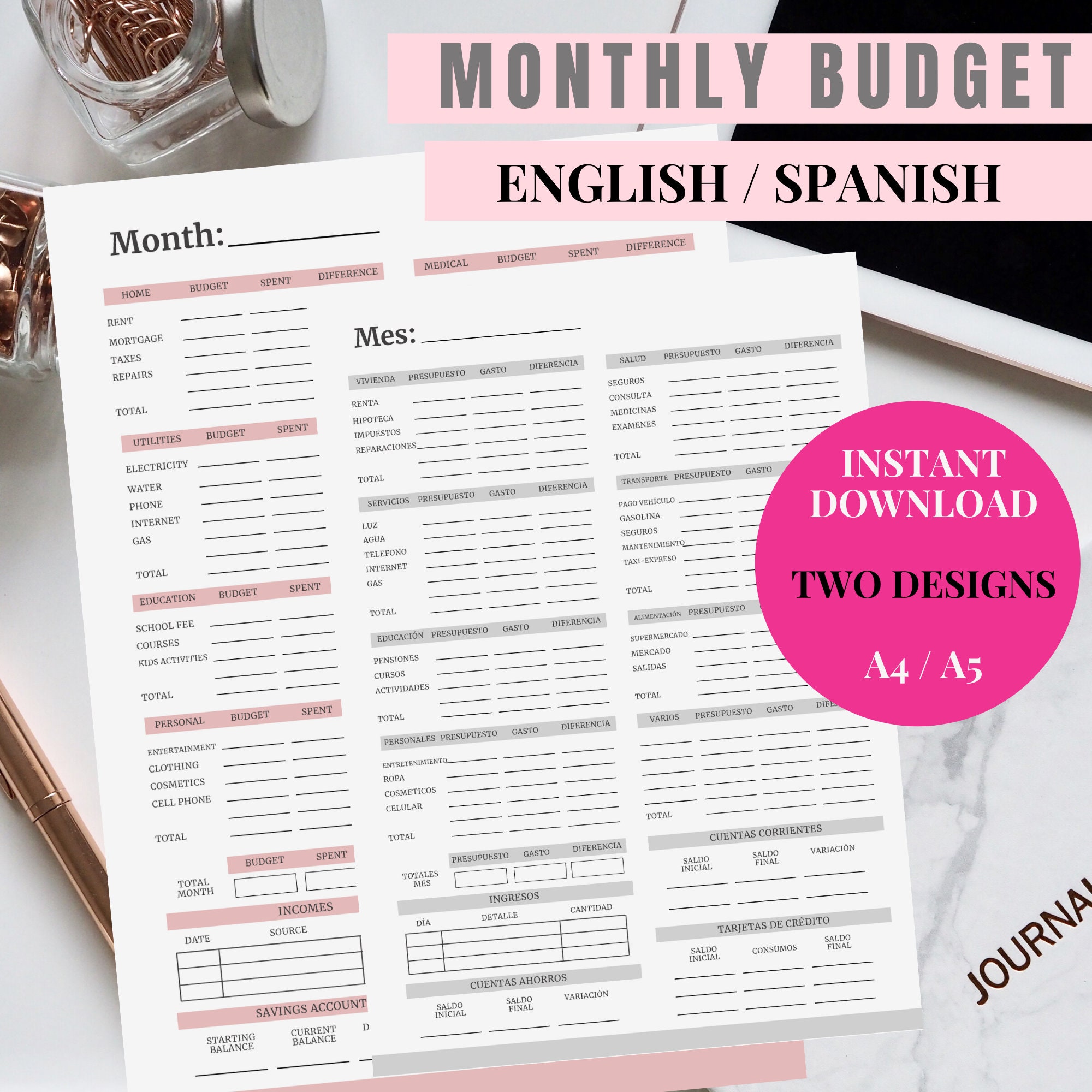 MONTHLY BUDGET PLANNER - English/spanish - A4/A5 - Rose/gray - Instant ...