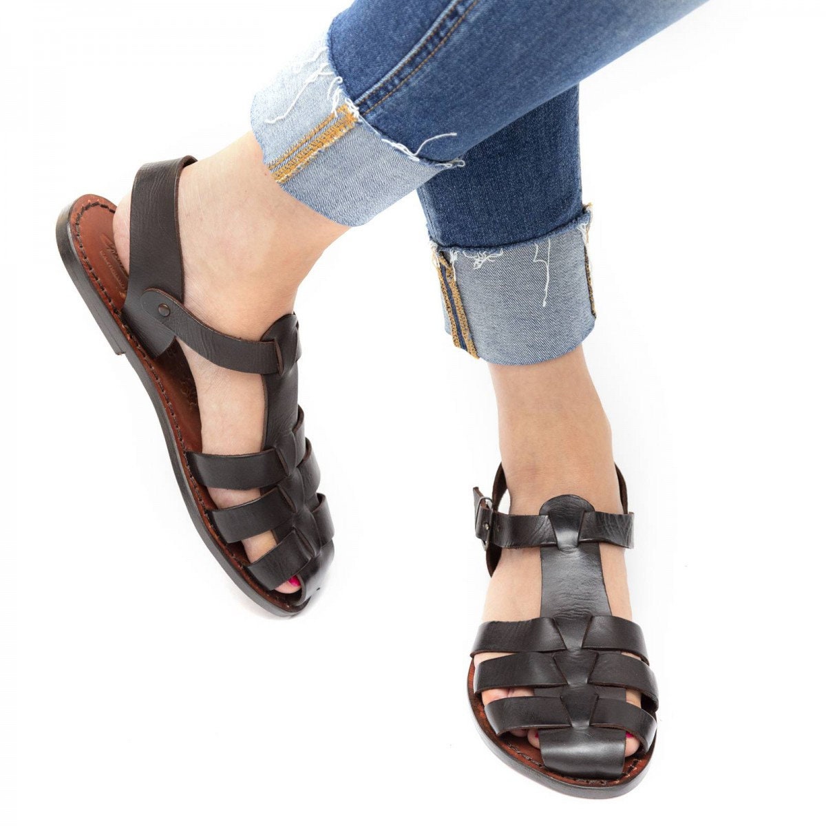 Dark Brown Flat Sandals for Women Real Leather Handmade in Italy ...