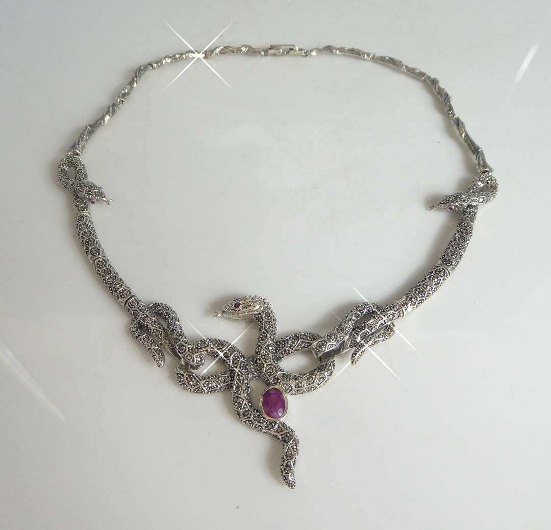 Fine Solid Silver Real Ruby & Marcasite Set Snake Necklace - Etsy