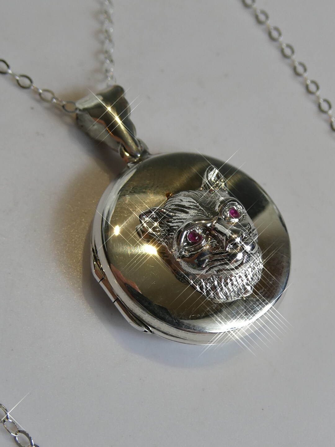 Fine Silver Cat Head Set With Ruby Eyes Locket Pendant - Etsy