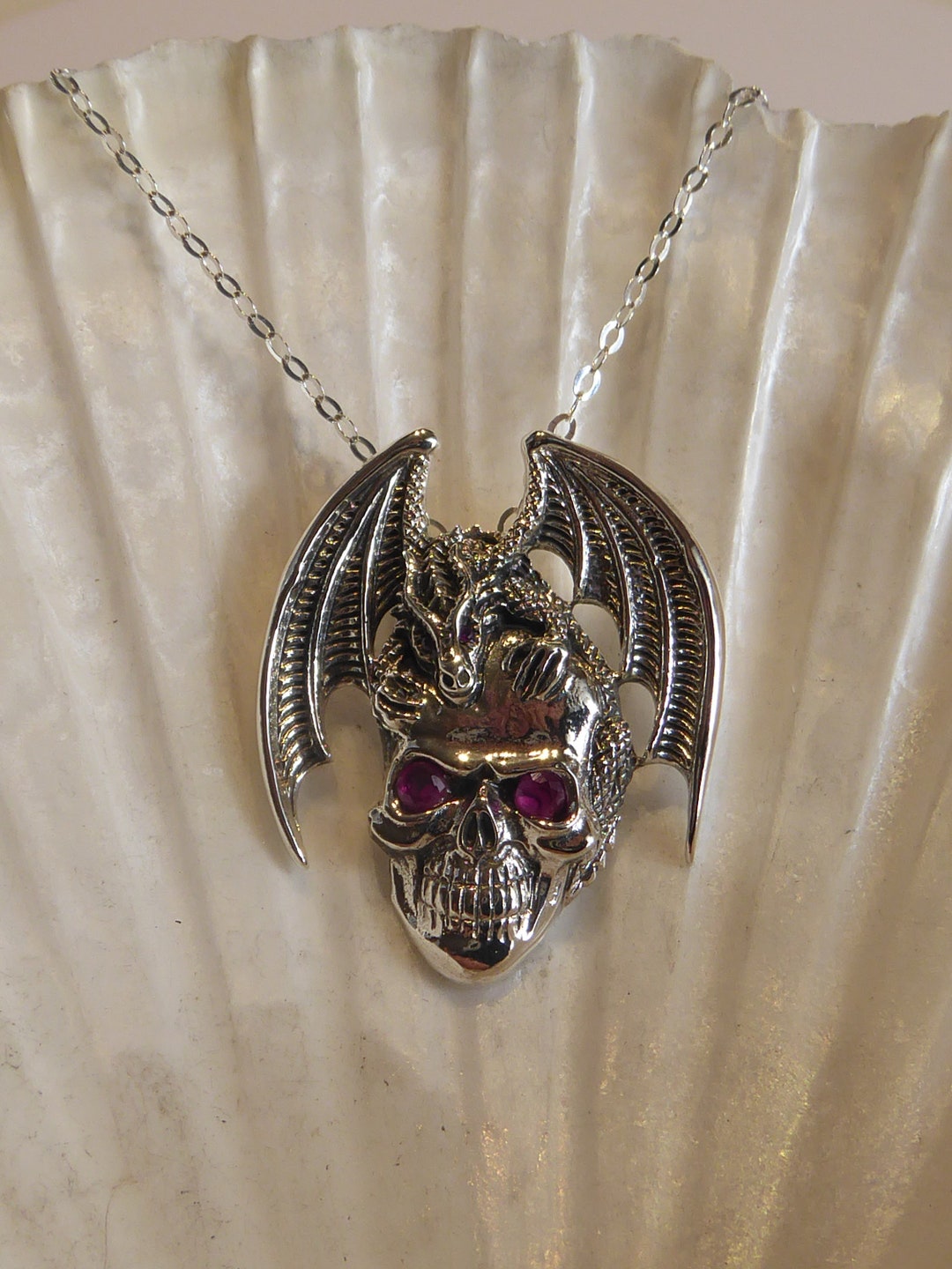 Fine Silver Ruby Eye Skull & Dragon Pendant on Silver 18 Inch Chain - Etsy