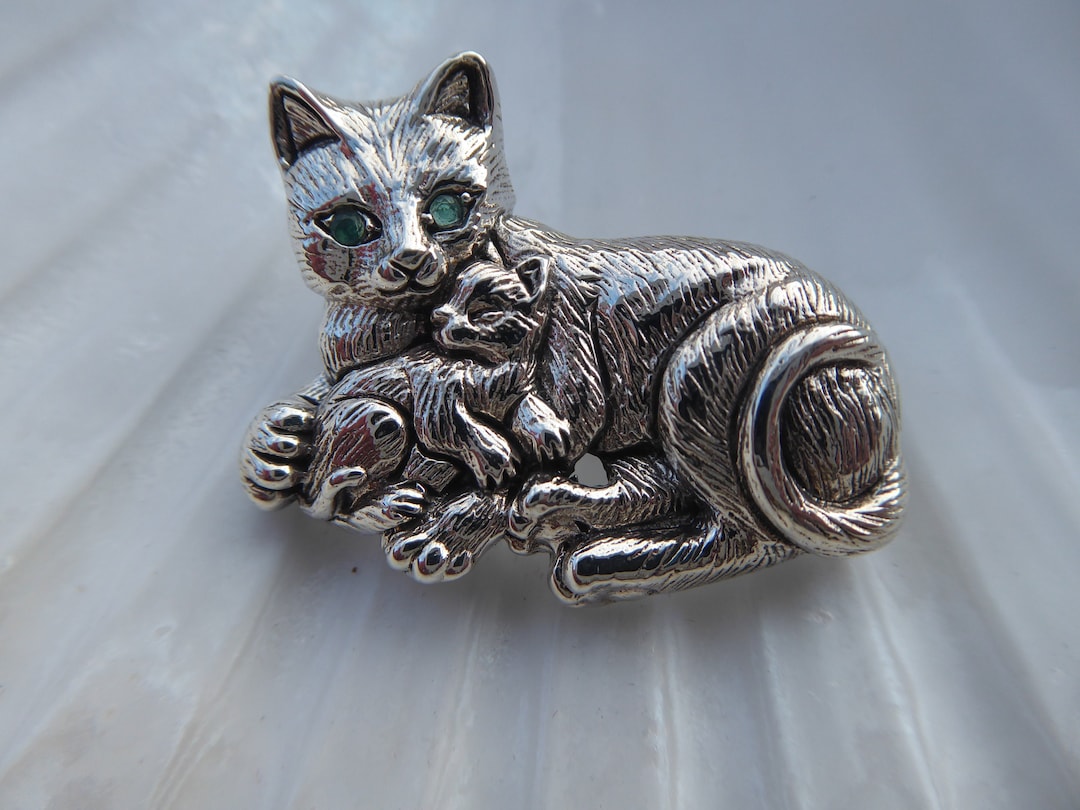 Solid Silver Cat & Kitten Brooch - Etsy