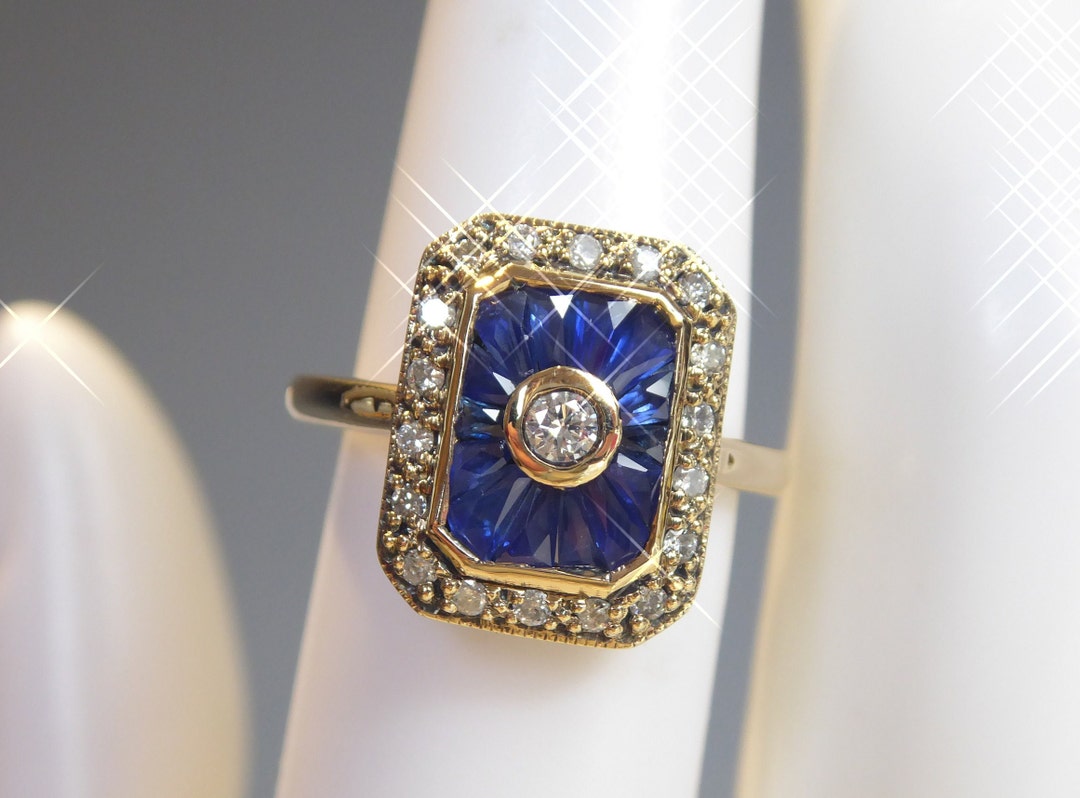 Fine 9ct Solid Gold Sapphire & Real Diamond Set Art Deco Design Ring - Etsy