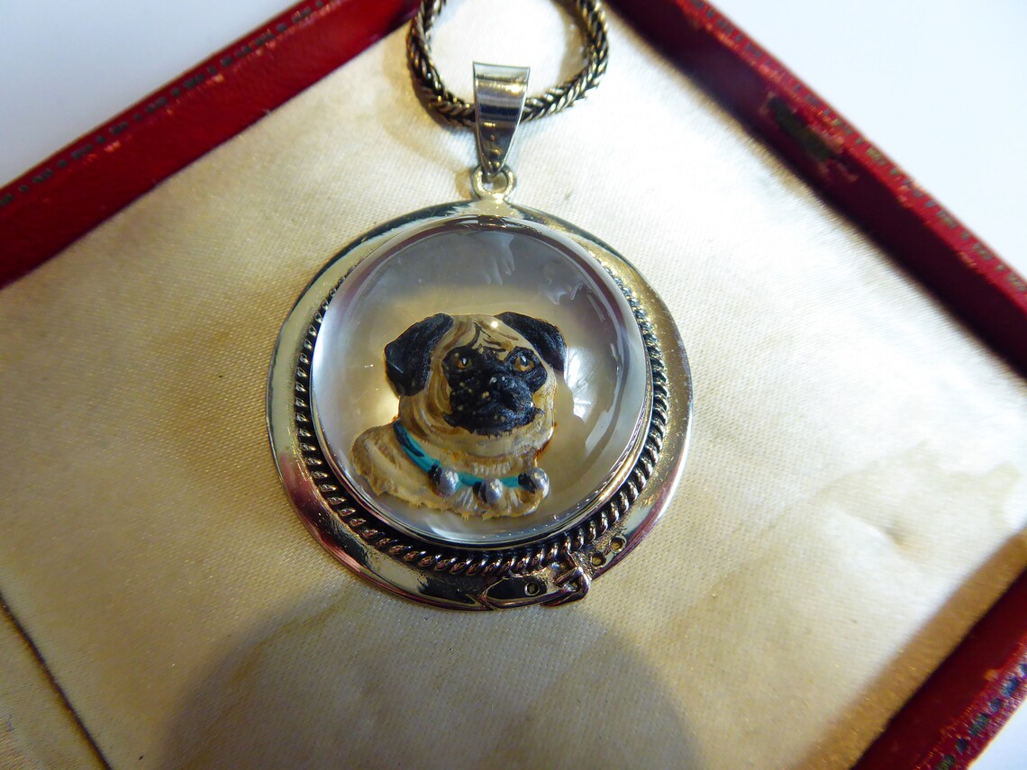 Fine Solid Silver Pug Dog Essex Intaglio Crystal in Collar Style Mount ...