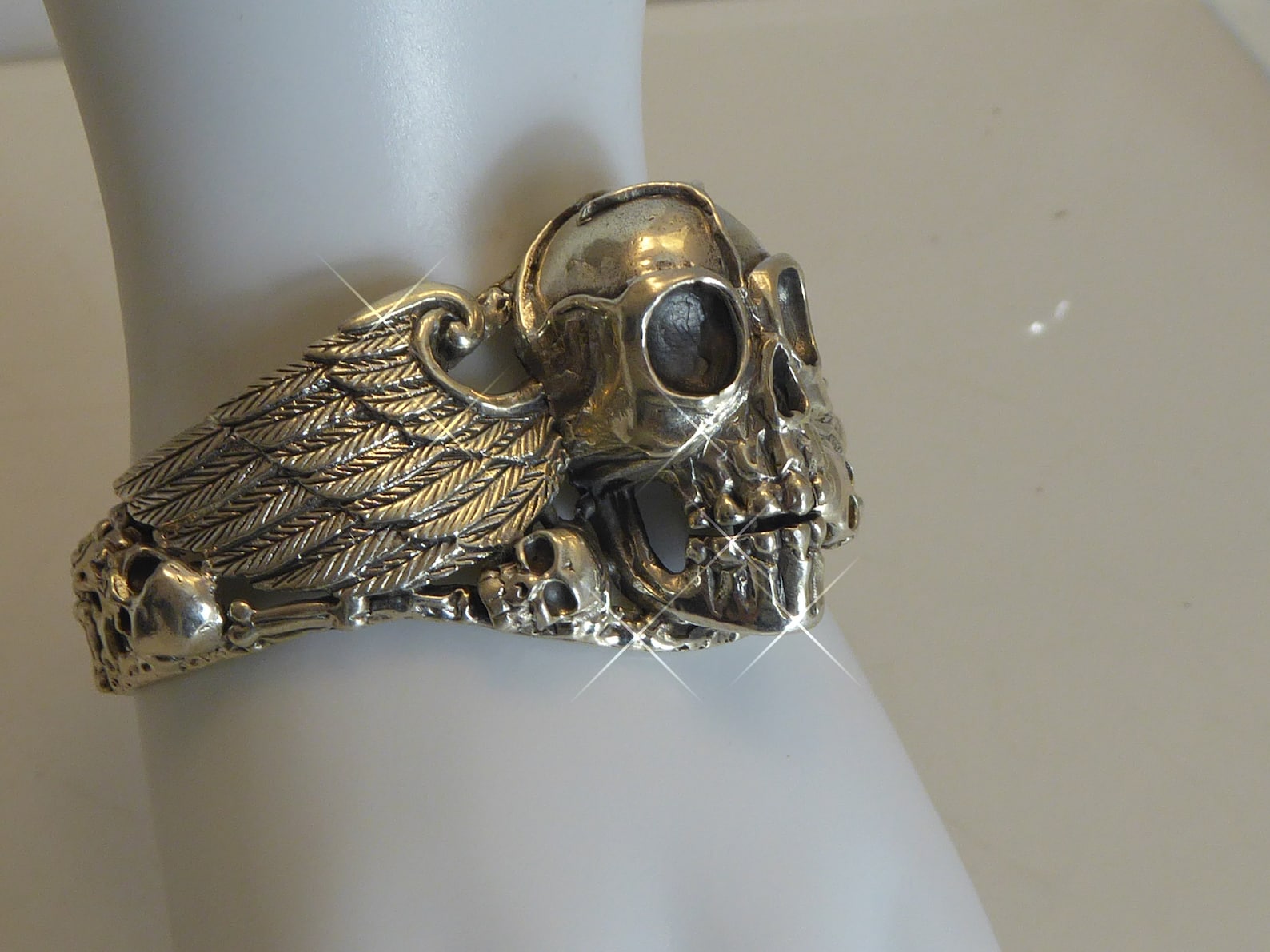 Heavy Solid Silver Winged Skull Bangle - Etsy
