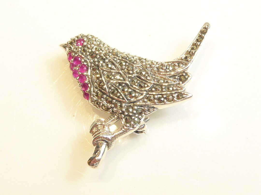 Silver Ruby & Marcasite Red Robin Bird Brooch Pendant - Etsy