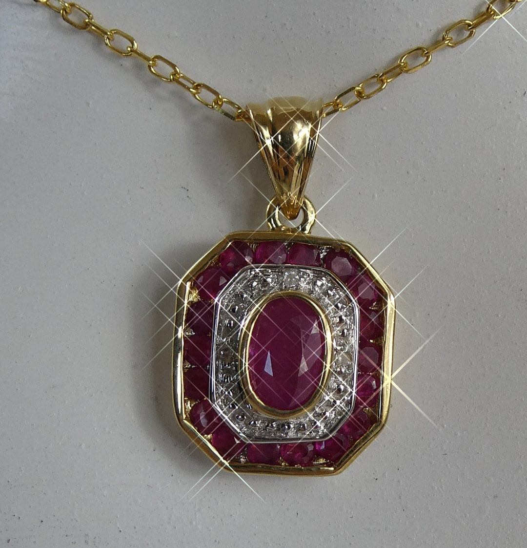 9ct Solid Gold Real Ruby & Diamond Art Deco Styled Pendant Necklace - Etsy