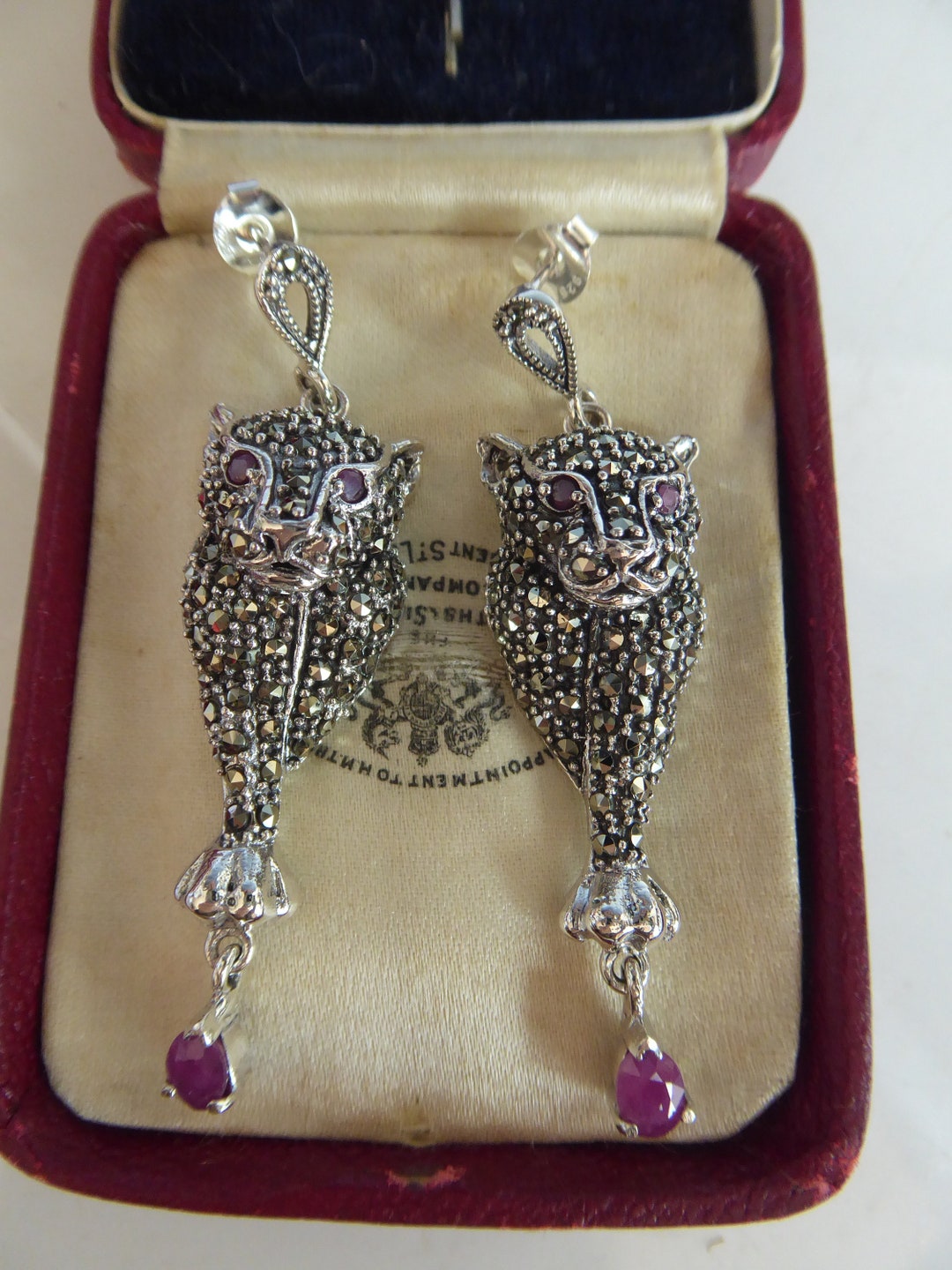 Fine Solid Silver Ruby & Marcasite Set Art Deco Styled Panther Earrings ...