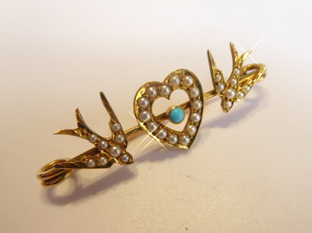 Fine Victorian 15ct Solid Gold Turquoise & Seed Pearl Sweetheart Brooch ...