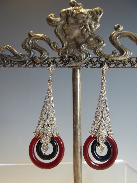 Fine Pair Art Deco Style 9ct Gold & Silver Set Long D… - Gem