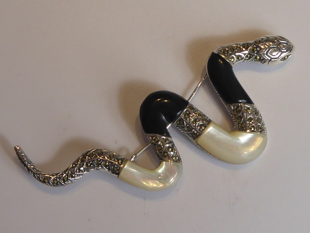 Fine Solid Silver Mother of Pearl & Onyx Snake Brooch - Etsy