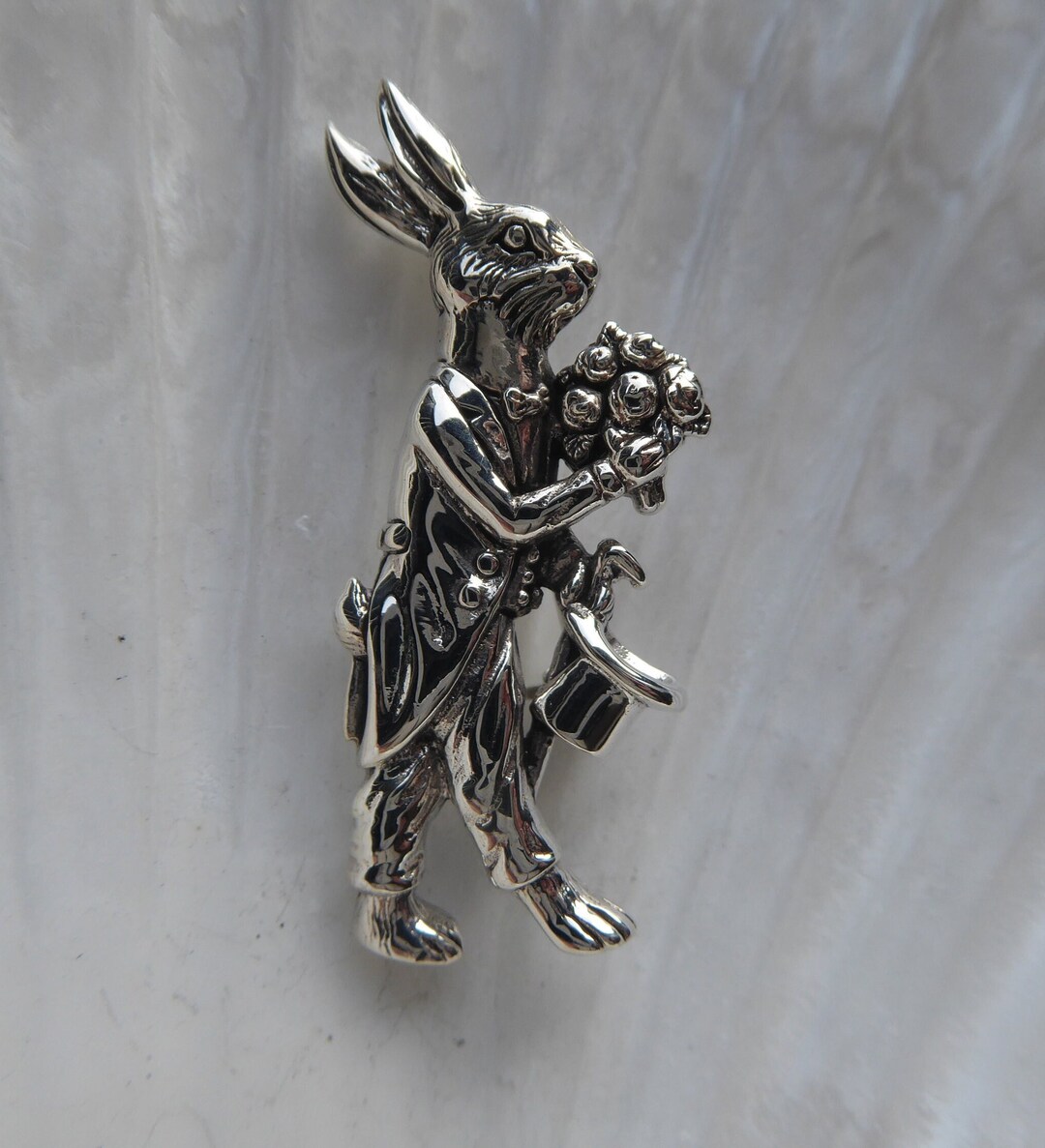 Silver Novelty Mr Rabbit Holing Flowers Brooch - Etsy