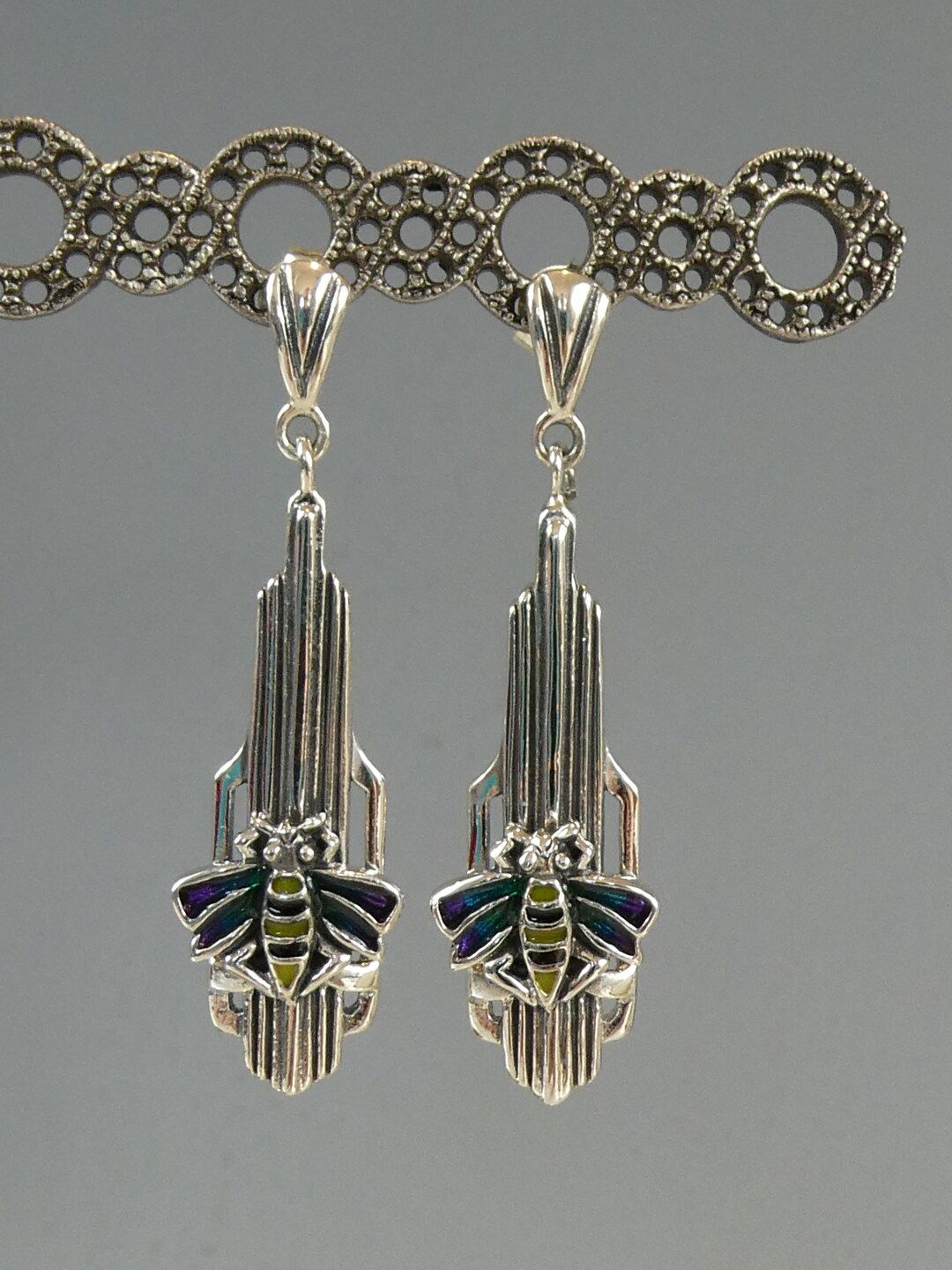Solid Silver Enamel Art Deco Design Bee Earrings - Etsy