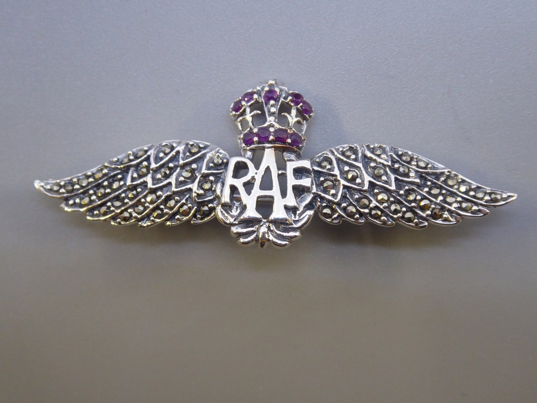 Silver RAF Wings Brooch /pin Set With Ruby Crown and Marcasite Set ...