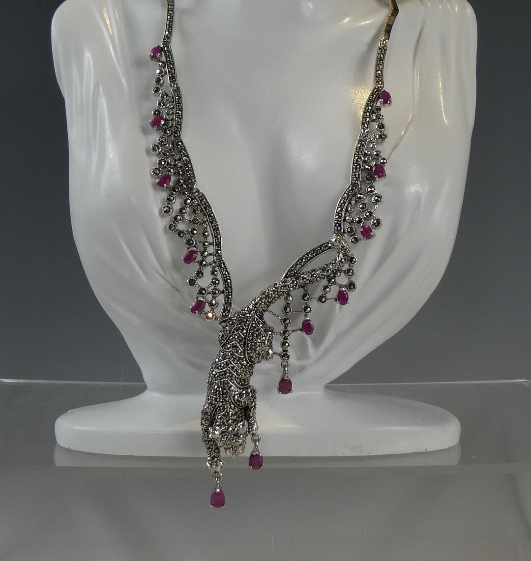 Fine Solid Silver Art Deco Style Real Ruby Marcasite Panther Cat ...