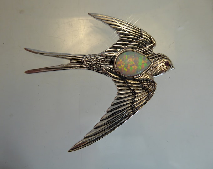 Fine Solid Silver Flying Swallow Bird Brooch Set With Opal & Ruby - Etsy