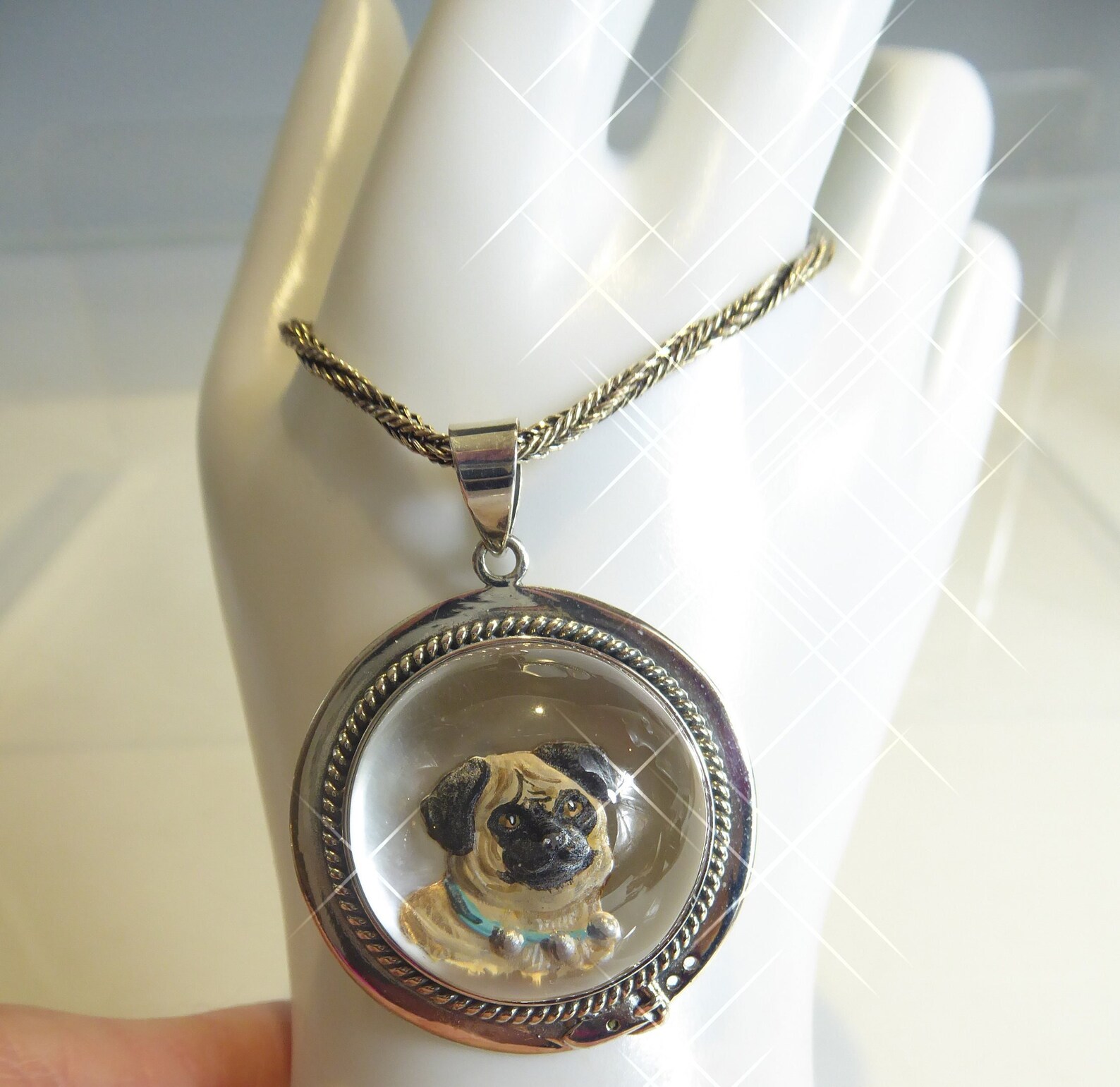 Fine Solid Silver Pug Dog Essex Intaglio Crystal in Collar Style Mount ...