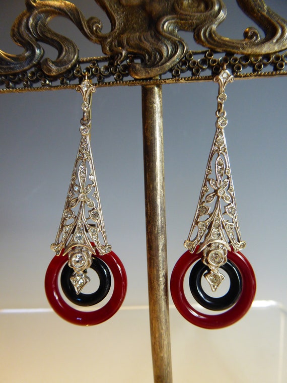 Fine Pair Art Deco Style 9ct Gold & Silver Set Long D… - Gem