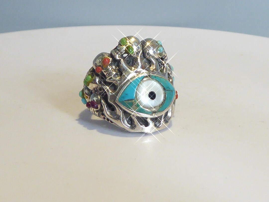 Solid Silver Opal, Turquoise Set Evil Eye With Skulls Ring - Etsy