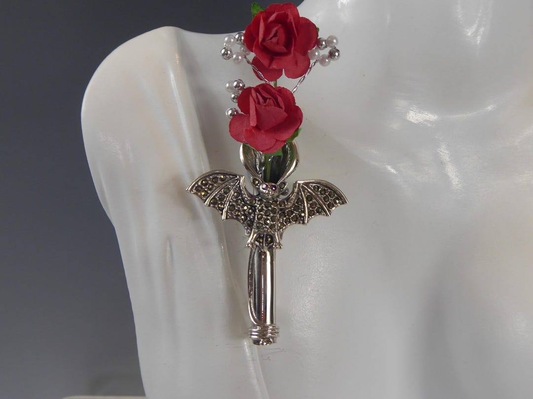 Solid Silver Tussie Mussie Posy Holder Marcasite Ruby Eye Bat Set ...