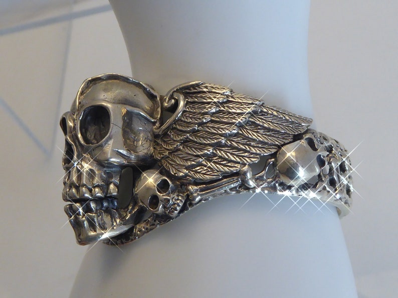 Heavy Solid Silver Winged Skull Bangle - Etsy