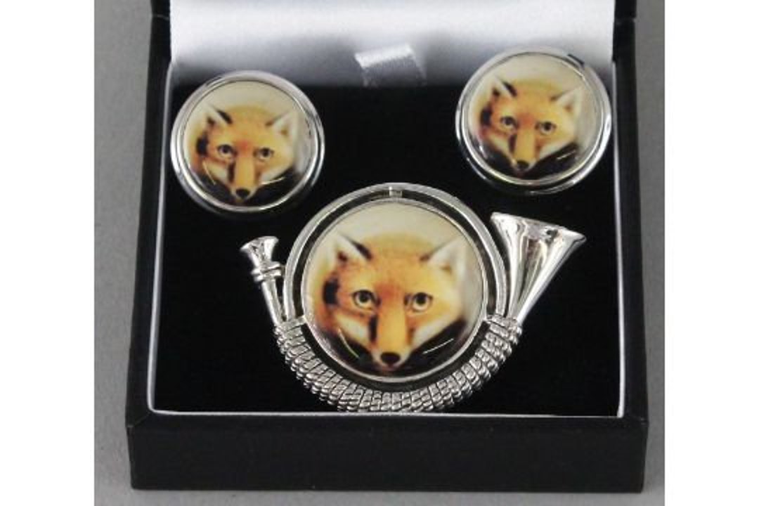 Solid Silver & Enamel Fox Hunt Bugle Pin/pendant and Matching Cufflinks ...