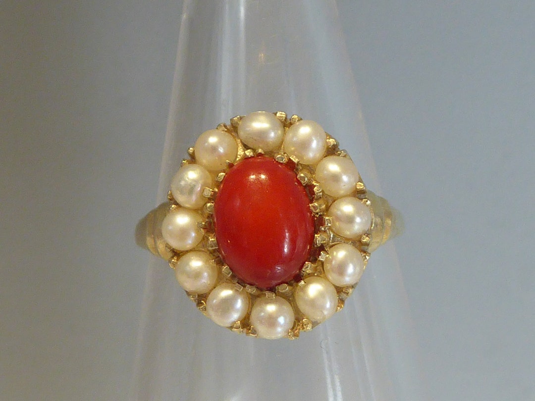 9ct Gold Victorian Style Coral & Pearl Cluster Ring - Etsy