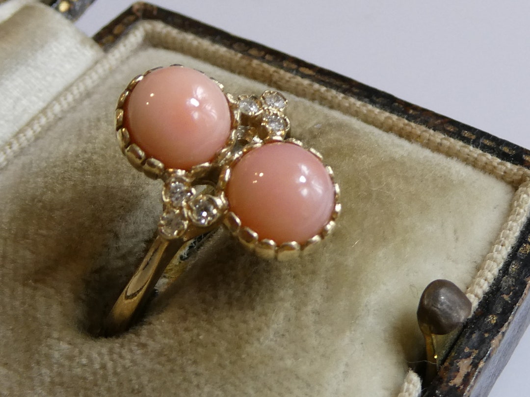 Pretty 9ct Solid Gold Real Diamond & Coral Ring - Etsy